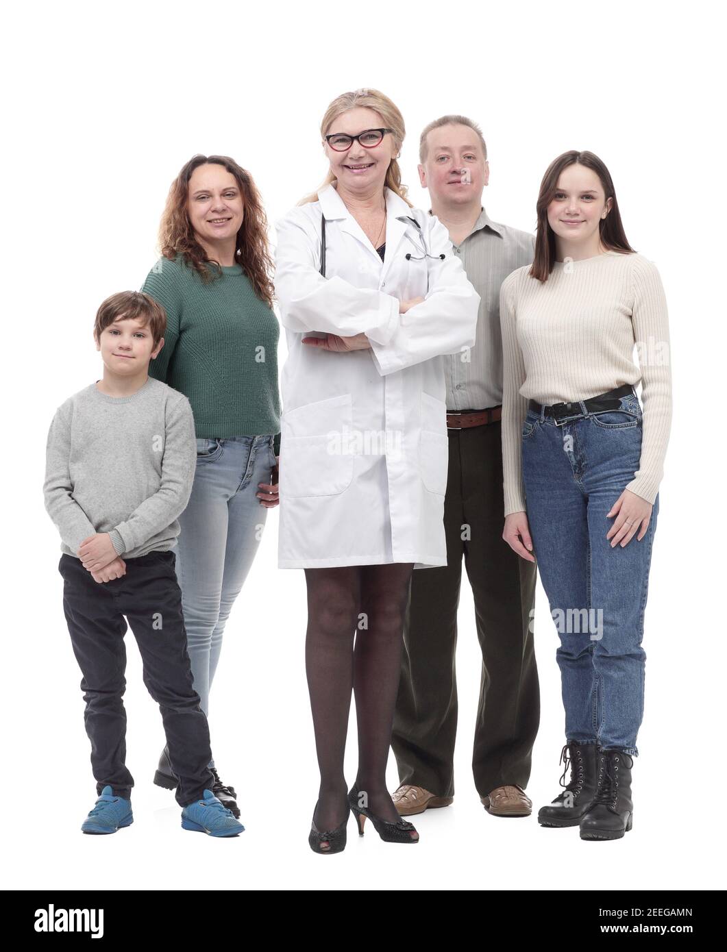 happy family and their family doctor standing together Stock Photo - Alamy