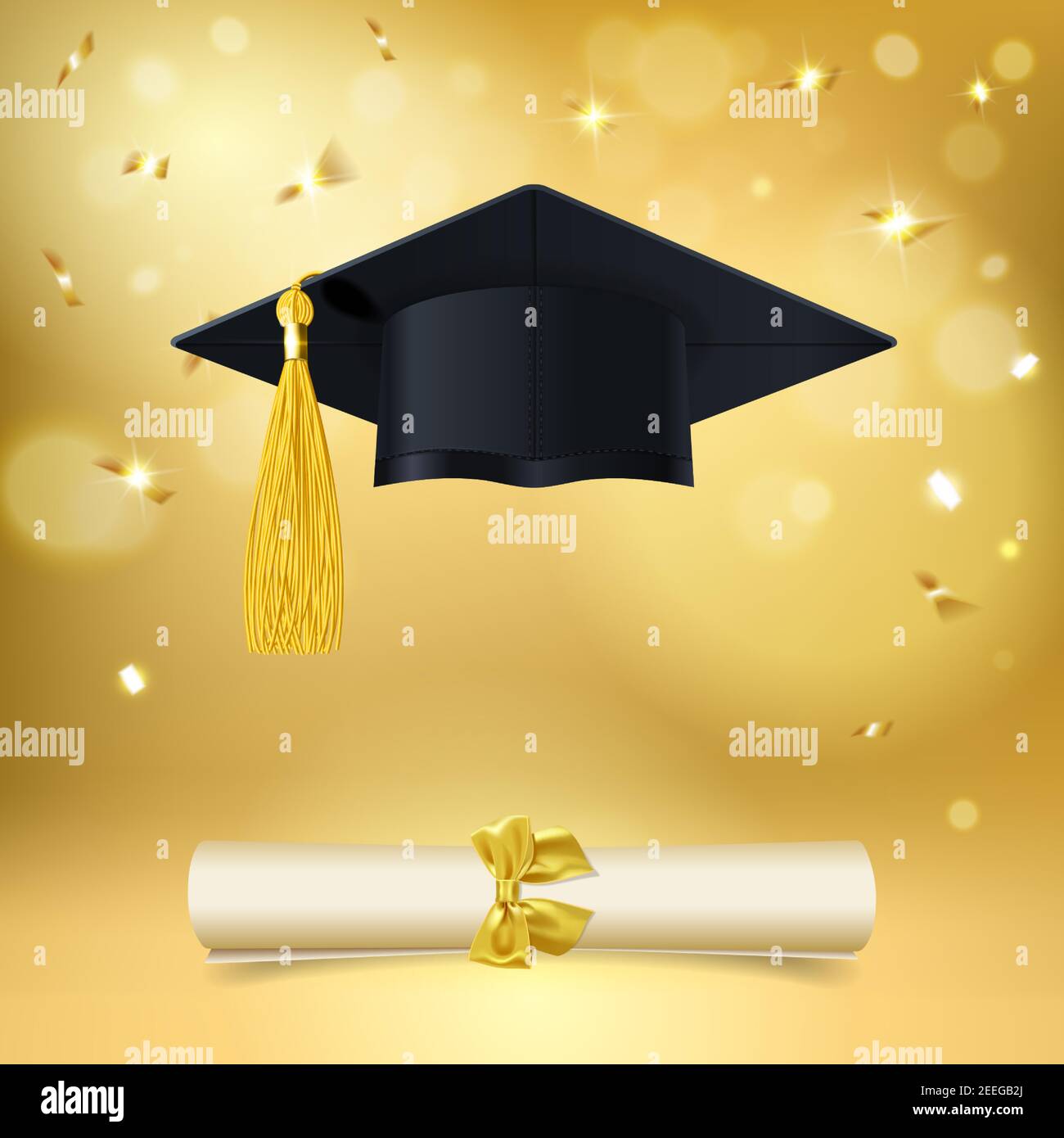 graduate cap and diploma with falling golden confetti on gold ... graduate cap and diploma with falling golden confetti on gold ...
