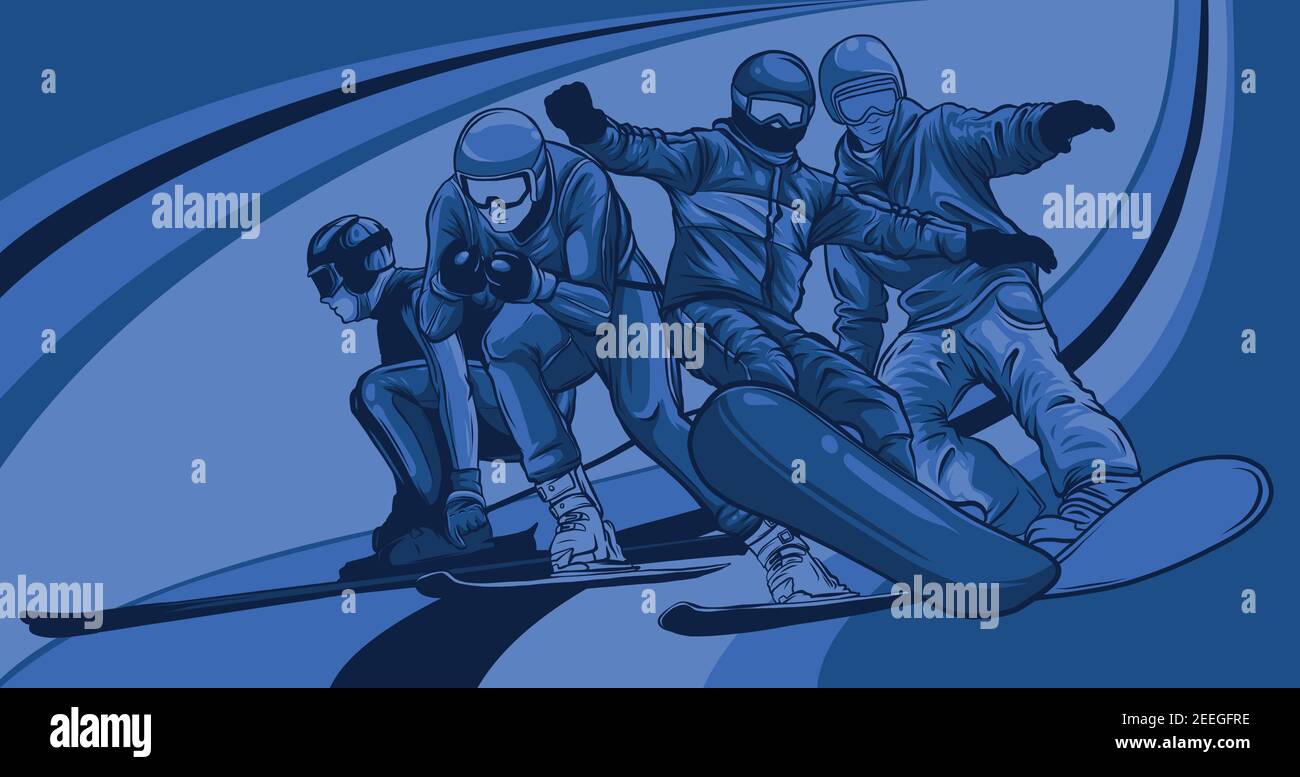 Vector set of skiers. People skiing design elements illustration Stock ...