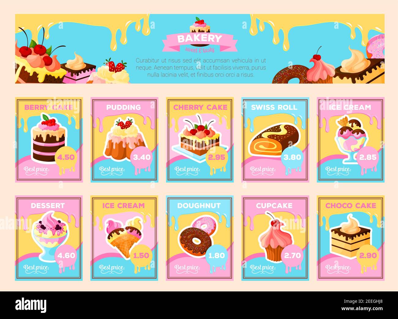 Sweet Pastry Desserts Price Cards Or Menu Banner Templates Set For