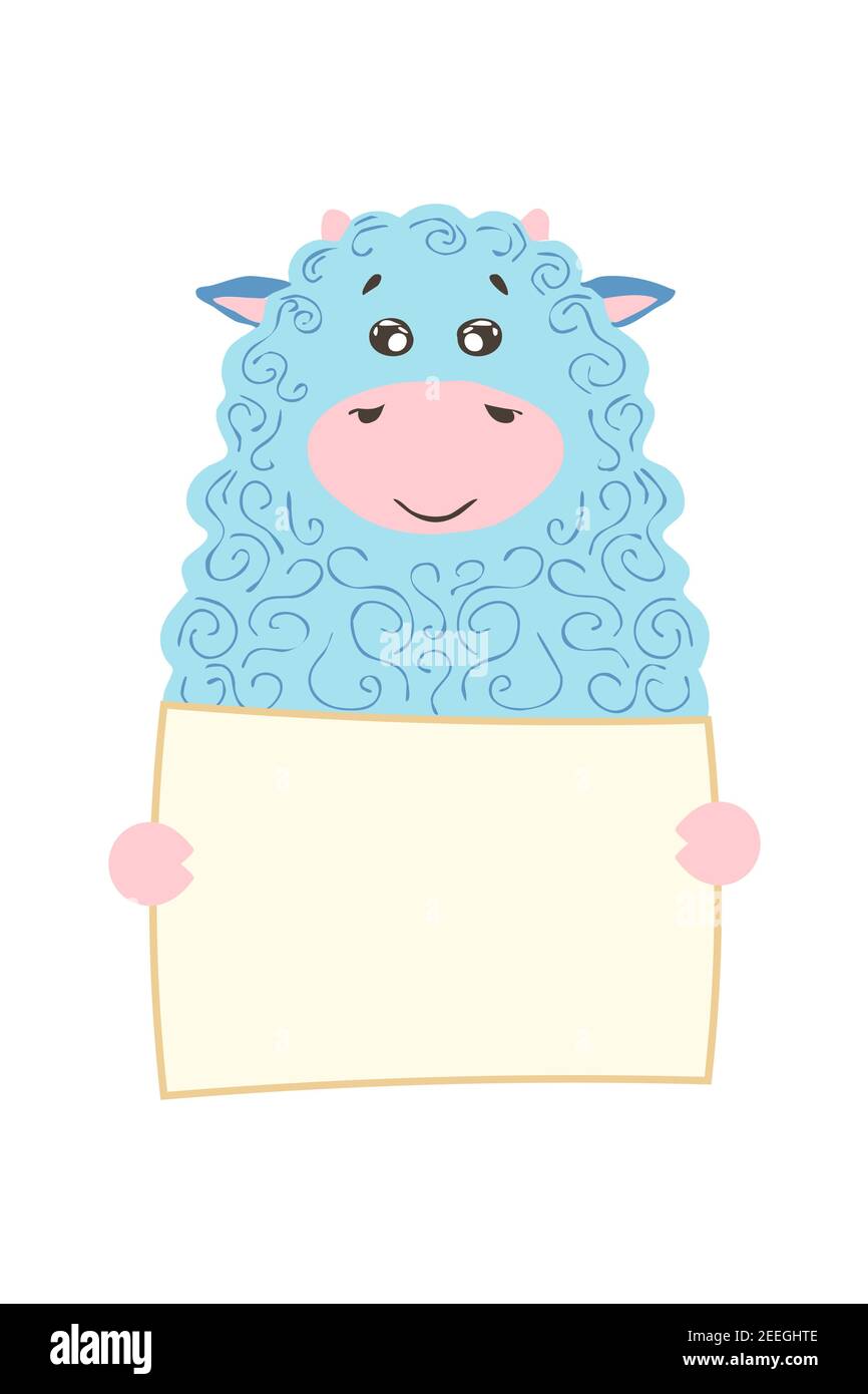 Cute cartoon sheep ram mutton animal holding tag sign with copy space ...