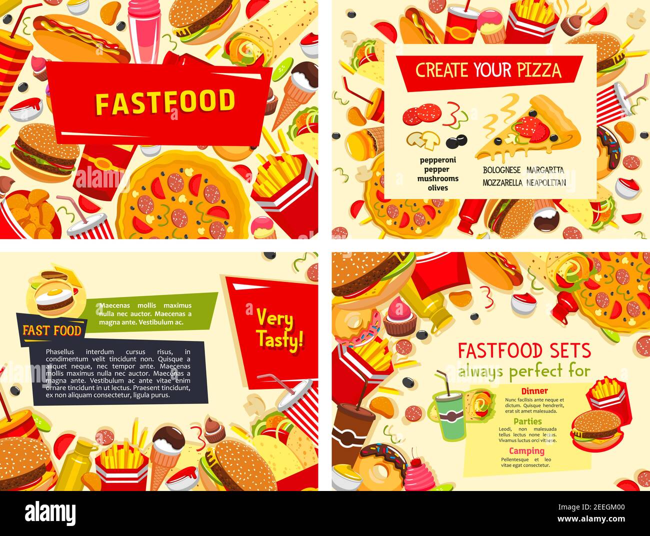 Fast food posters for restaurant. Vector design set of pizza ...