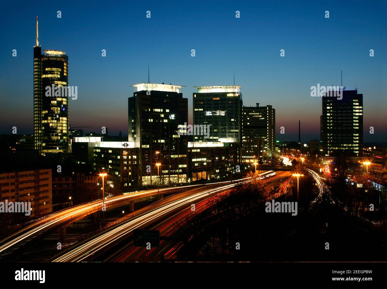 skyline city essen NRW germany at evening highway light streaks long ...