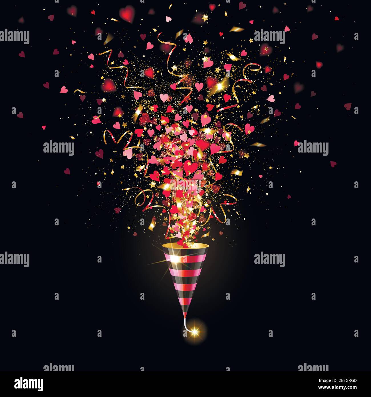 exploding firecracker with gold confetti and red hearts on a black ...
