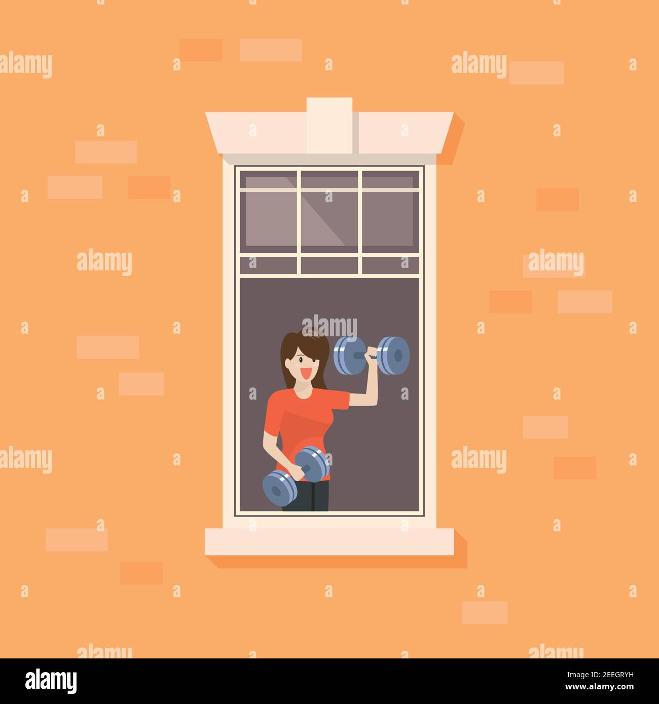 Apartment window with woman doing weight training exercise. vector ...