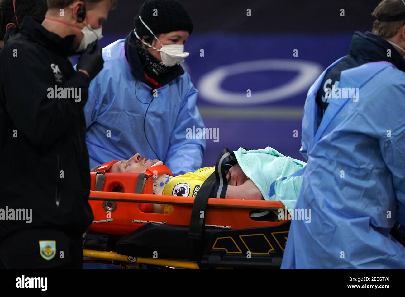 File photo dated 13-02-2021 of Burnley's Ben Mee being carried off the ...