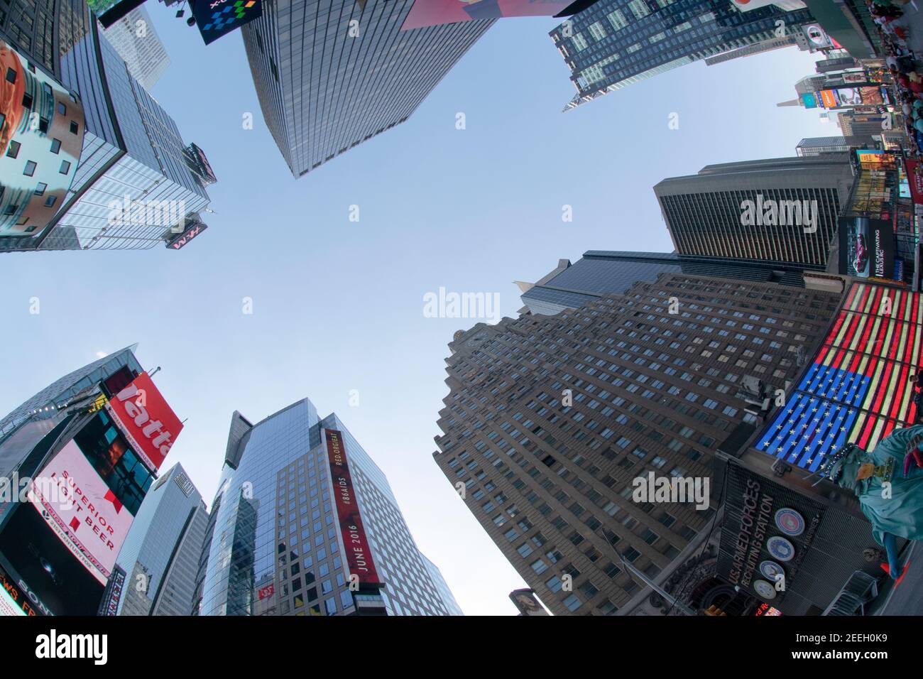 A fisheye view from below of the skyscrapers in Times Square, Manhattan ...