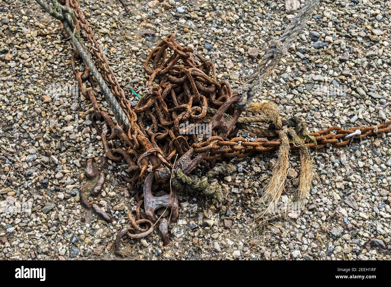 Rusty chain shackles and rope lying on shingle on the foreshore of a ...