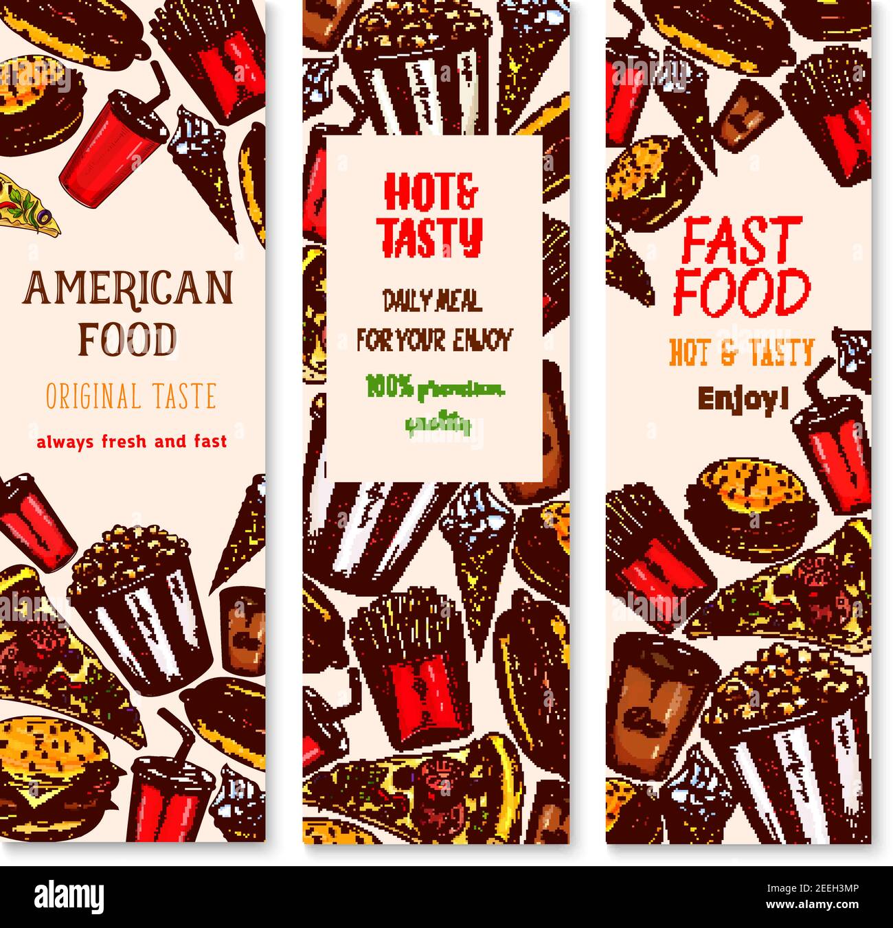 Fast food banners design of burgers, sandwich or snacks and desserts ...