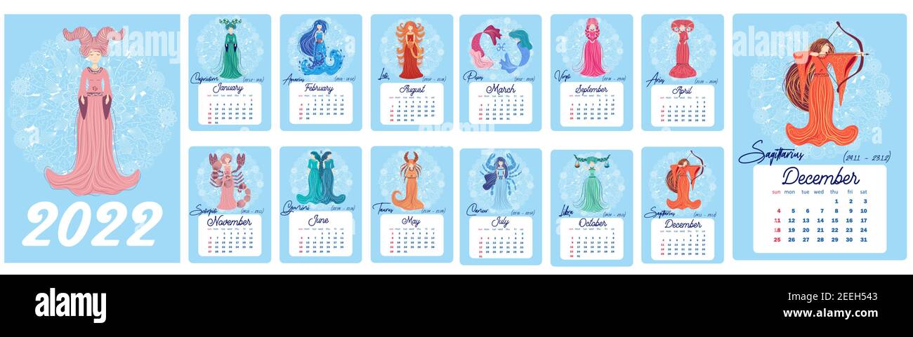 Horoscope Vertical calendar for 2022 with female zodiac signs, week ...