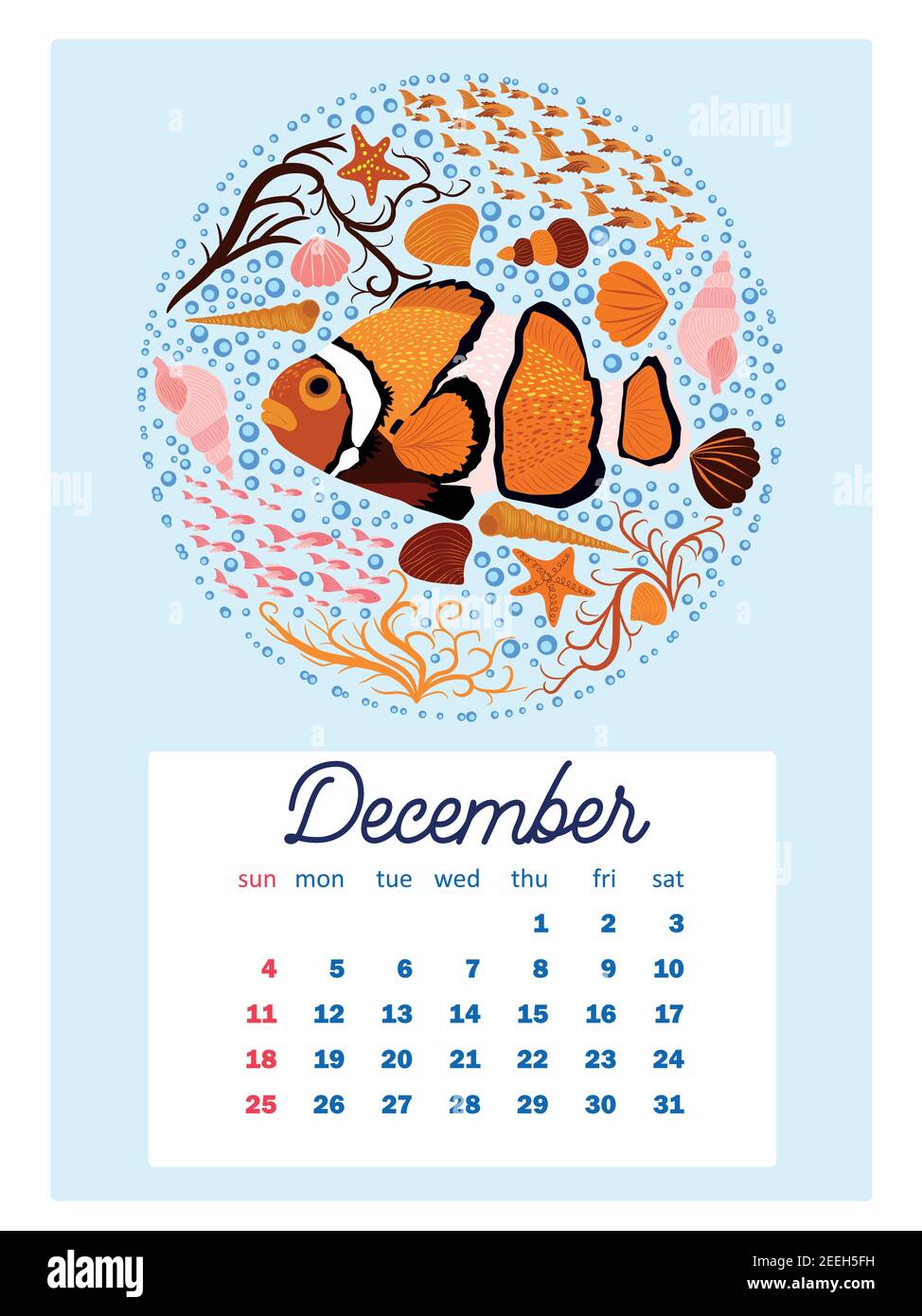 Marine life. Wall calendar design template for 2022, A4 format. Week ...