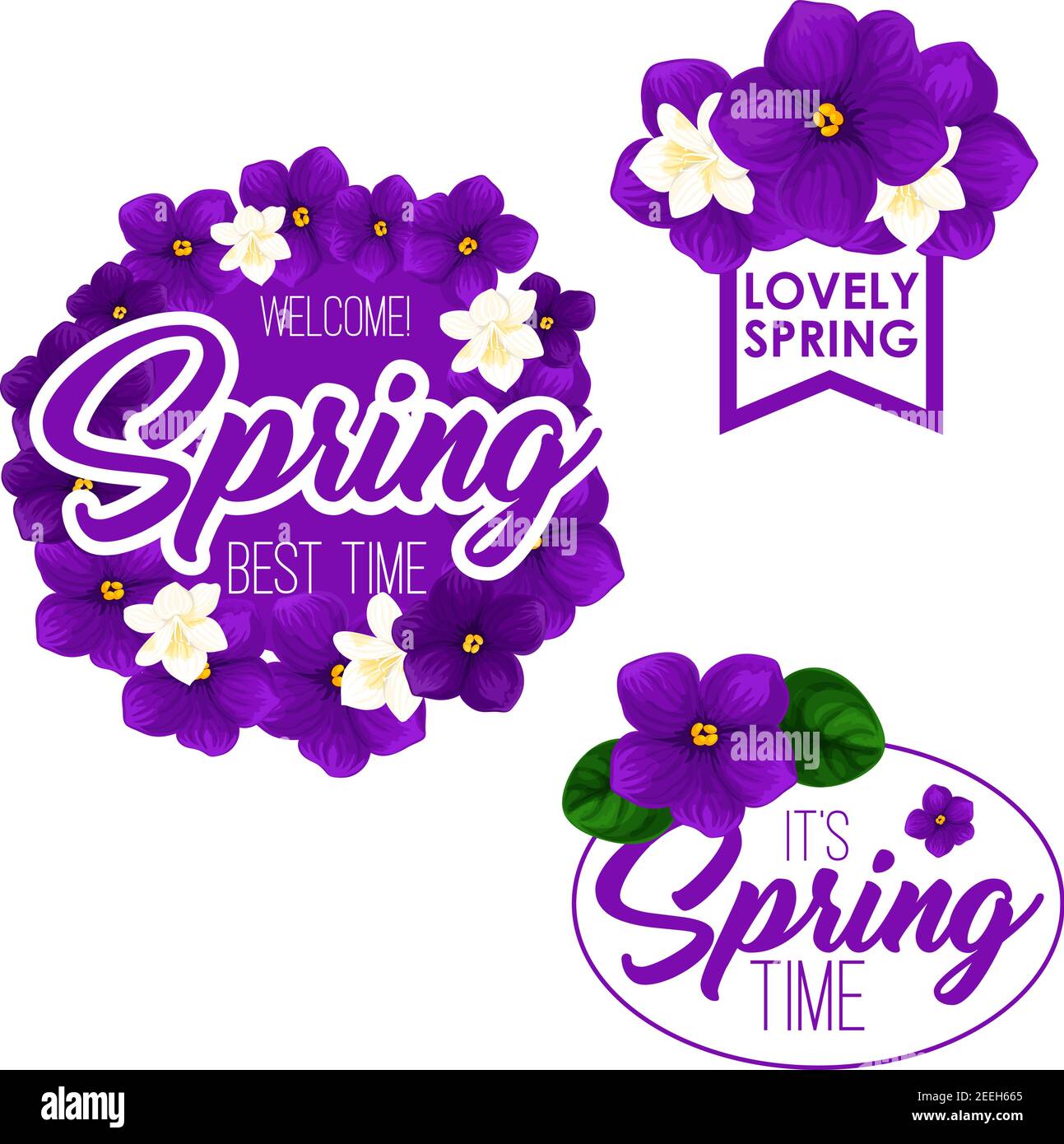 Spring floral wreath and badge set. Flower frame and bunch of violet ...