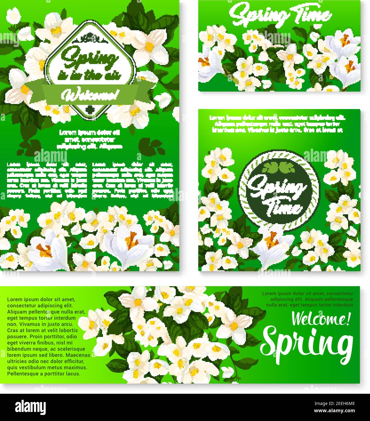 Happy Spring vector greeting poster and banners set with springtime ...