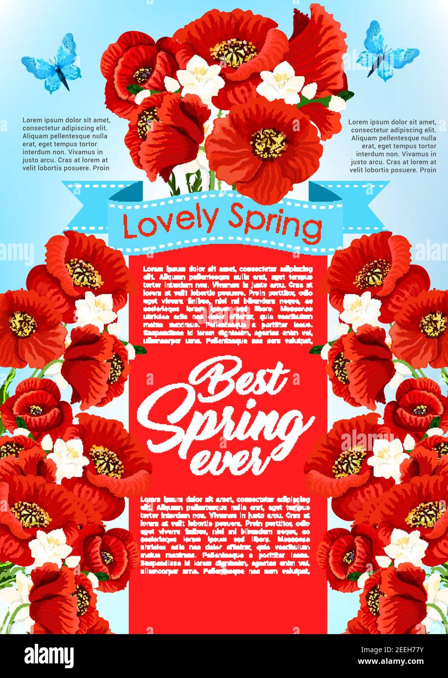 Spring holiday poster design with blooming poppy flowers and flourish ...