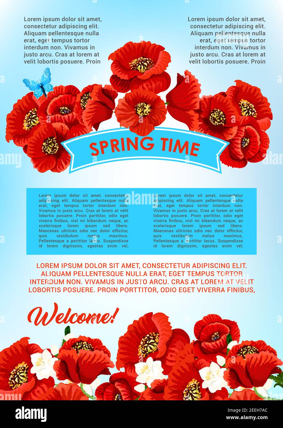 Spring time flowers vector poster design of blooming poppy flourish ...