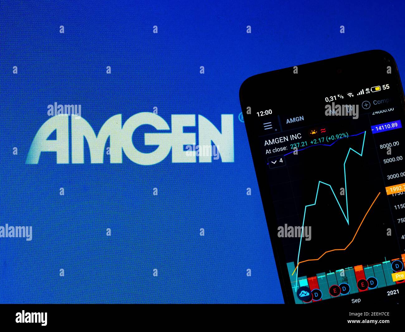In this photo illustration the stock market information of AMGen ...