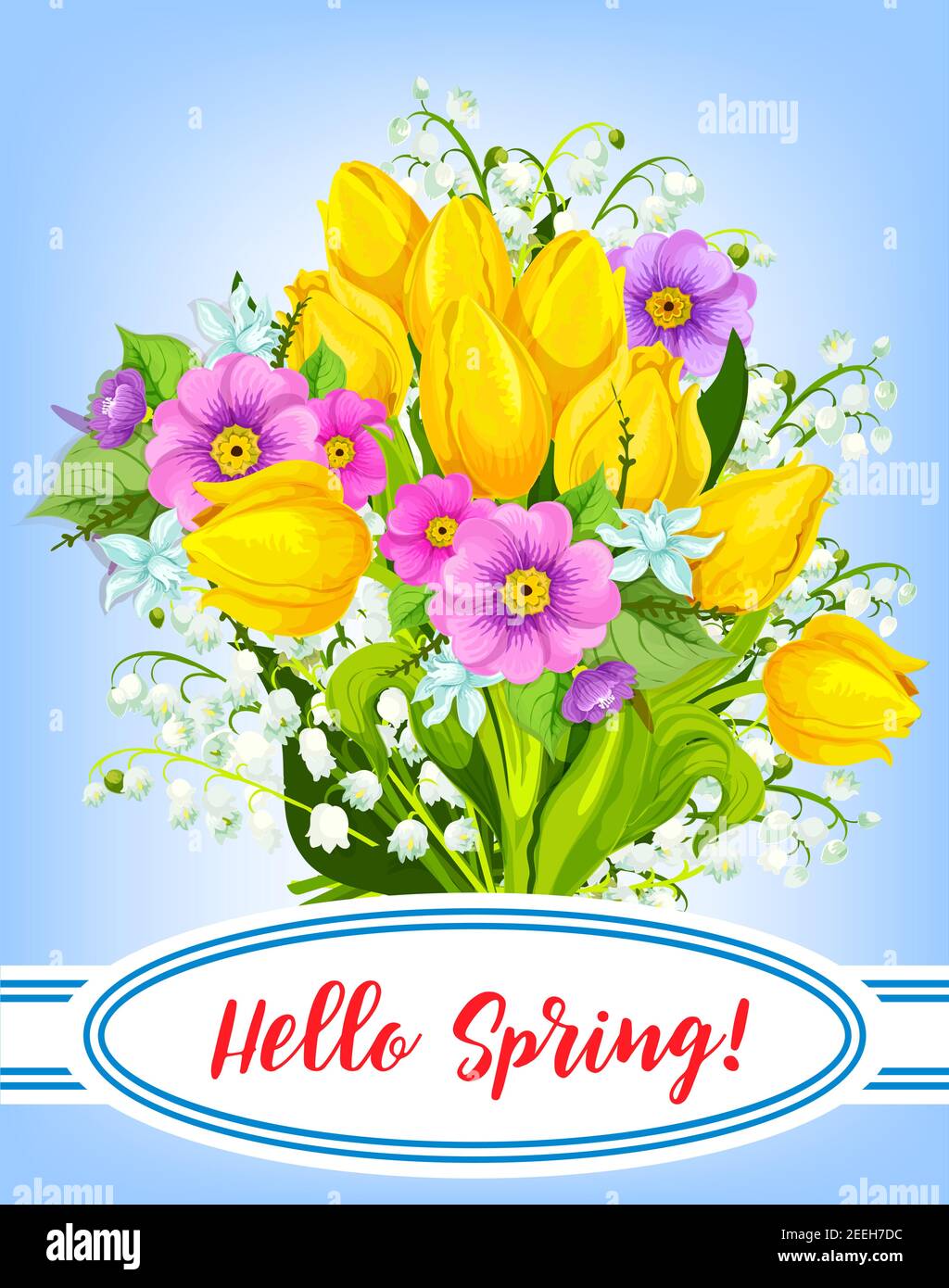 Hello Spring vector poster with floral bouquet of blooming springtime ...