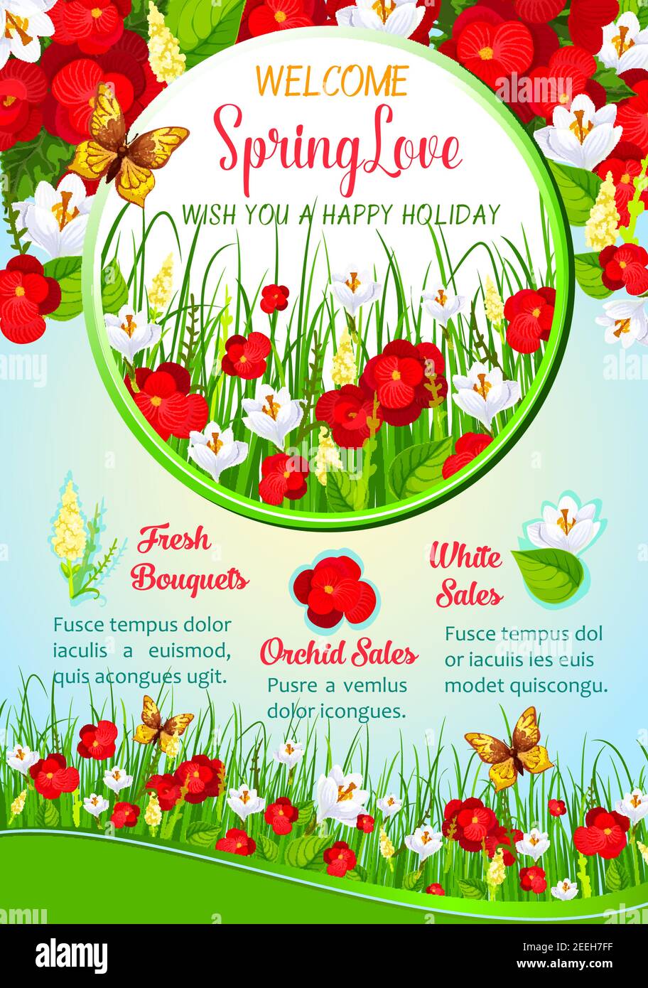 Spring season floral greeting poster template. Blooming field of spring ...