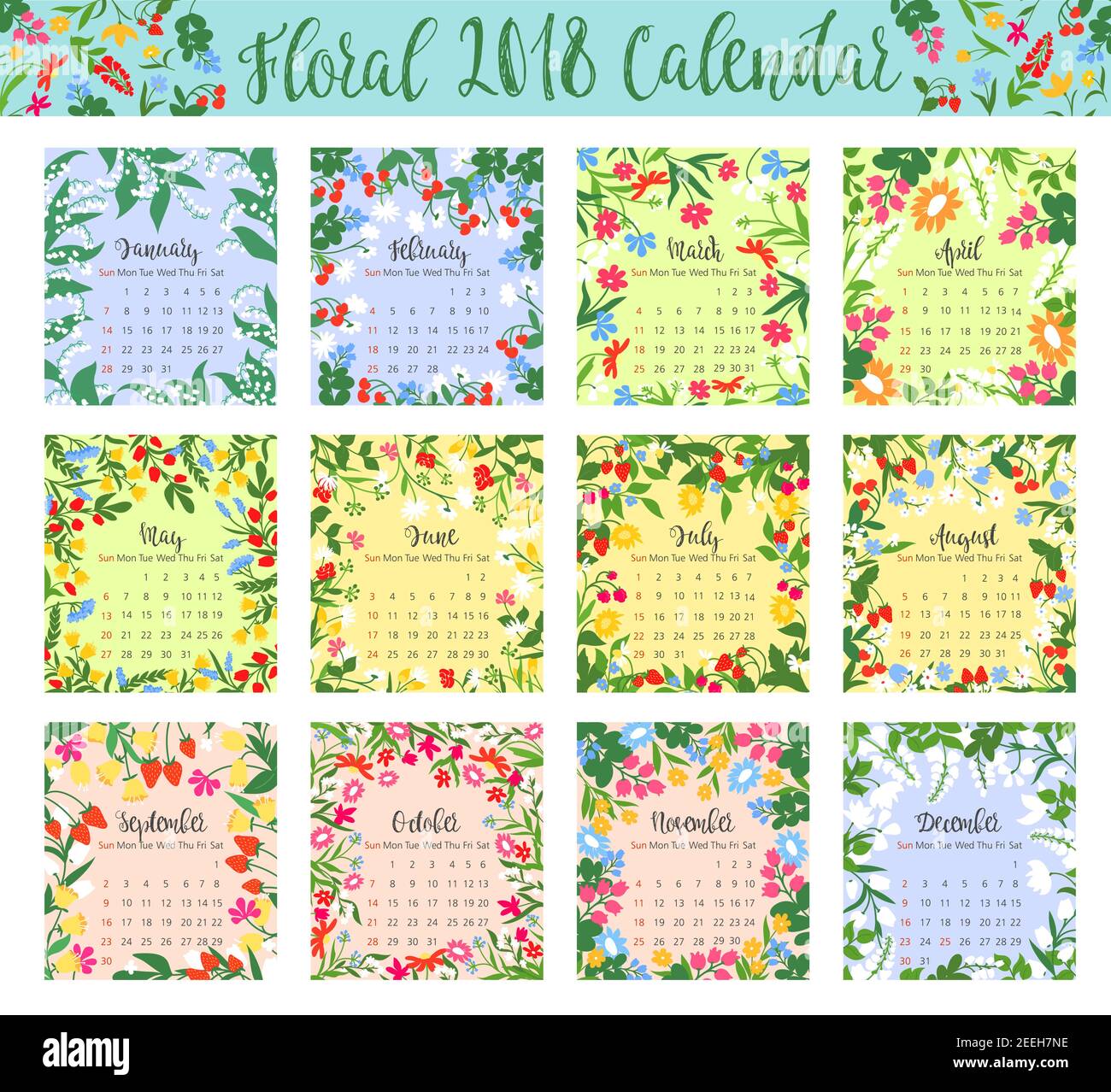 Floral year calendar with wild flower and berry frame. Monthly calendar ...