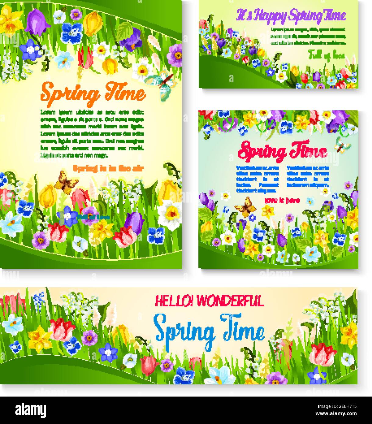 Spring flower greeting card, banner and poster. Sunny flower meadow ...