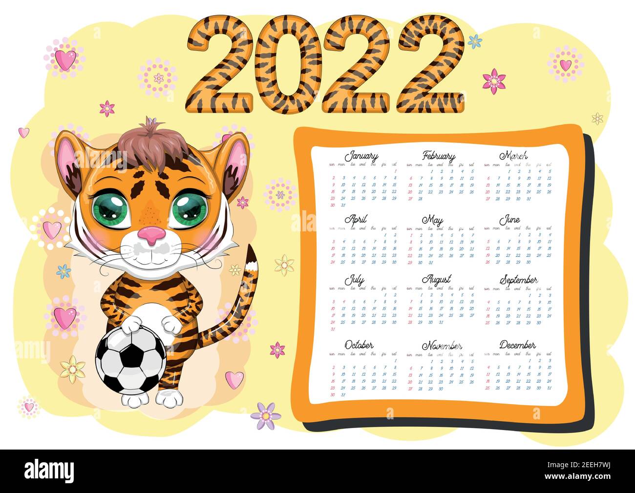 Calendar 2022. Tiger - a symbol of the new year, Cartoon tiger. Chinese ...