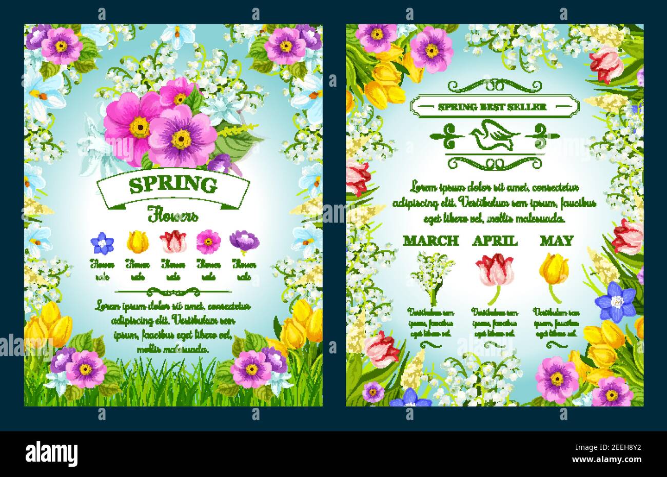 Spring posters of springtime flowers. March, April and May holiday ...