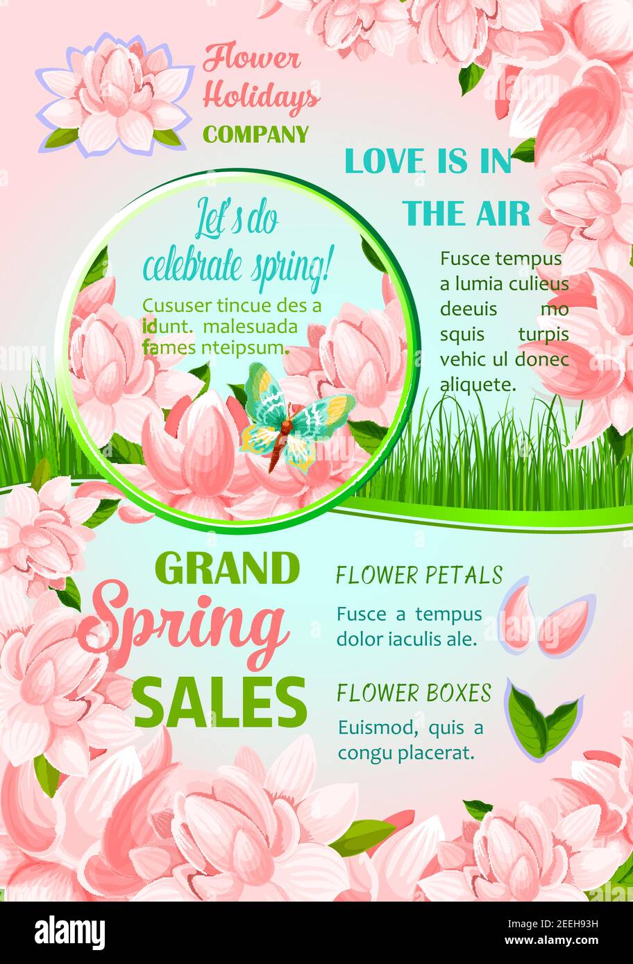 Spring holidays flower festive poster. Pink flowers of peony and lotus ...