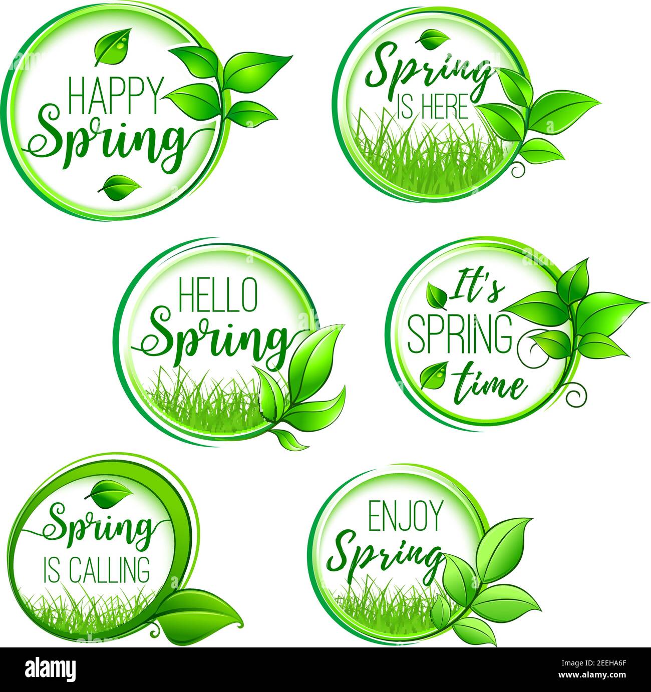 Hello Spring vector icons set for springtime holidays. Isolated round ...