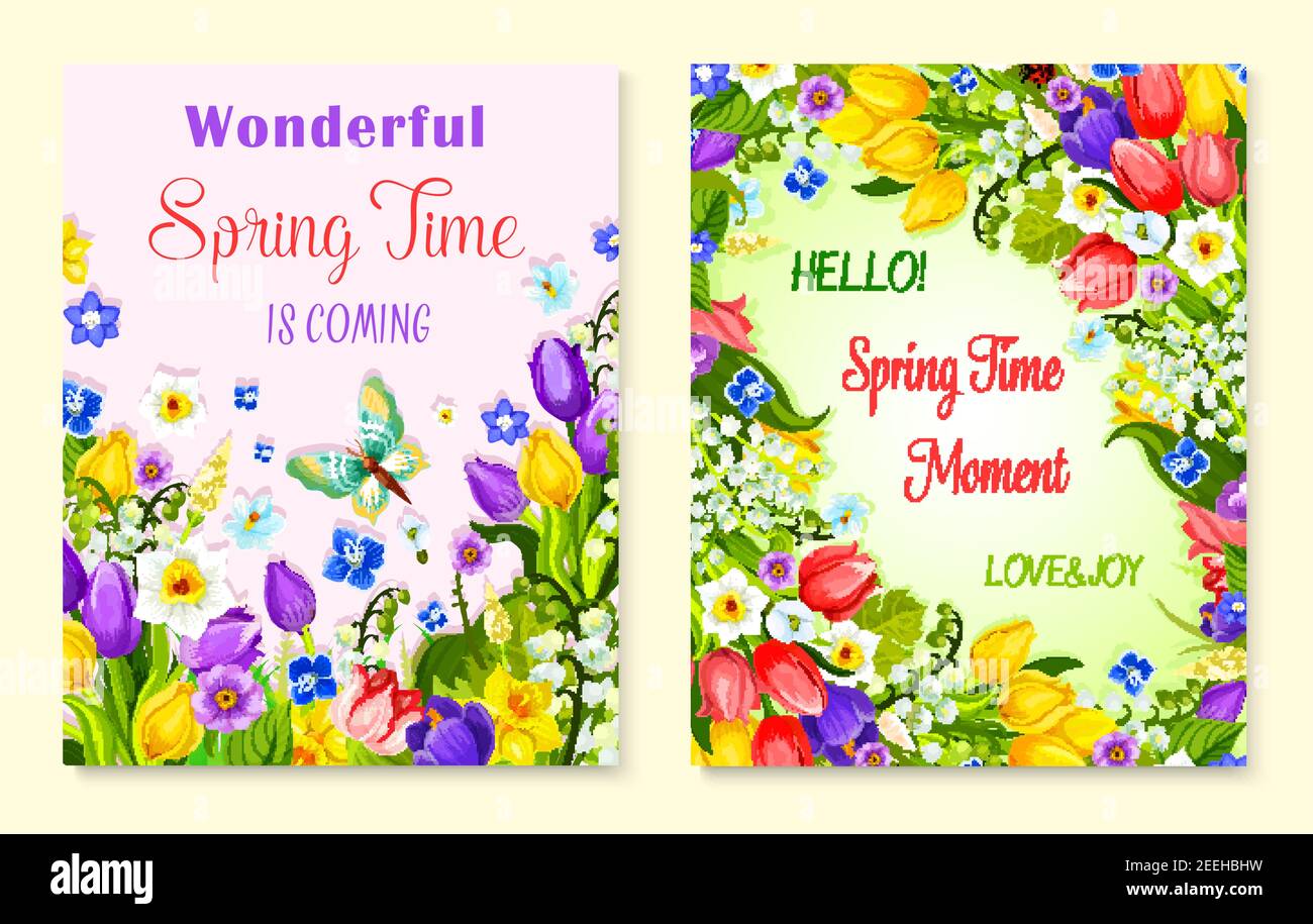 Spring floral greeting card set. Spring flower meadow of blooming tulip ...