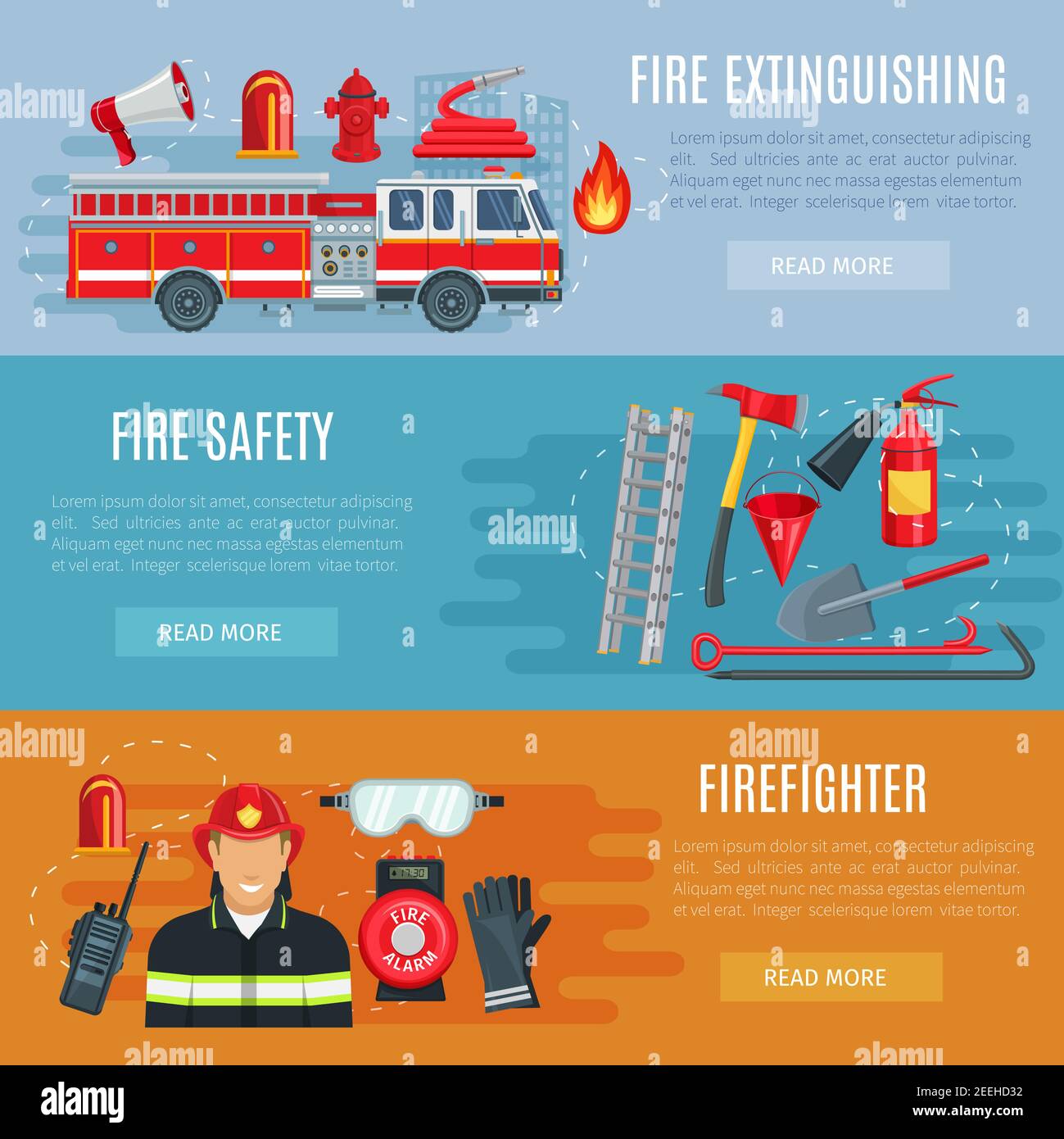 Fire extinguishing or firefighting vector banners set of fire engine ...
