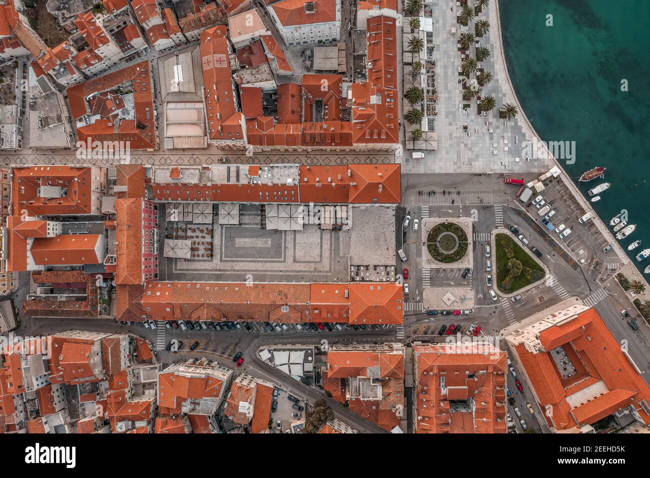 Aerial overhead view of republic square in monring in Split old town in ...