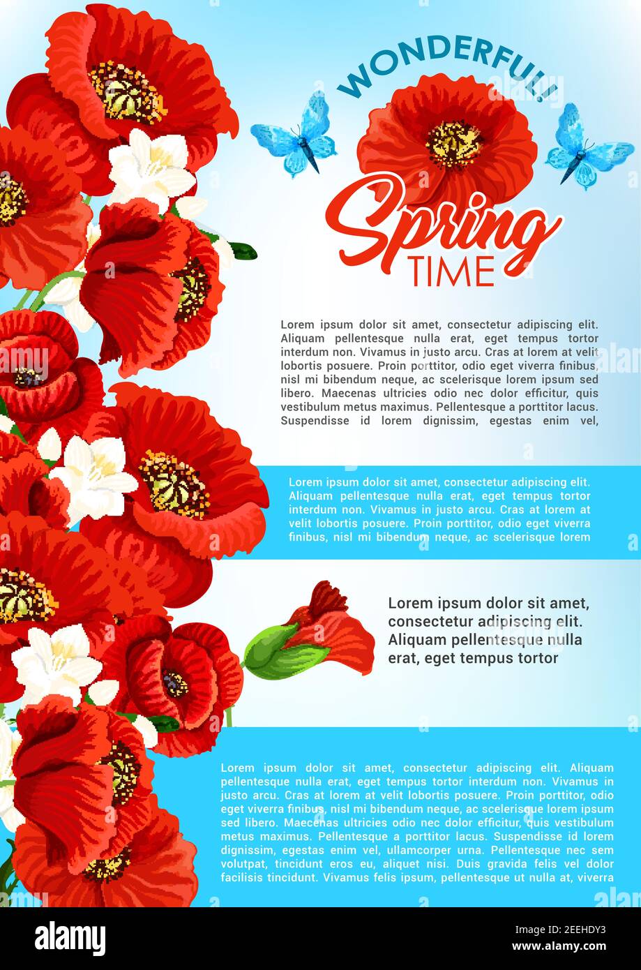 Happy Spring Time vector poster template with poppy and orchid flowers ...