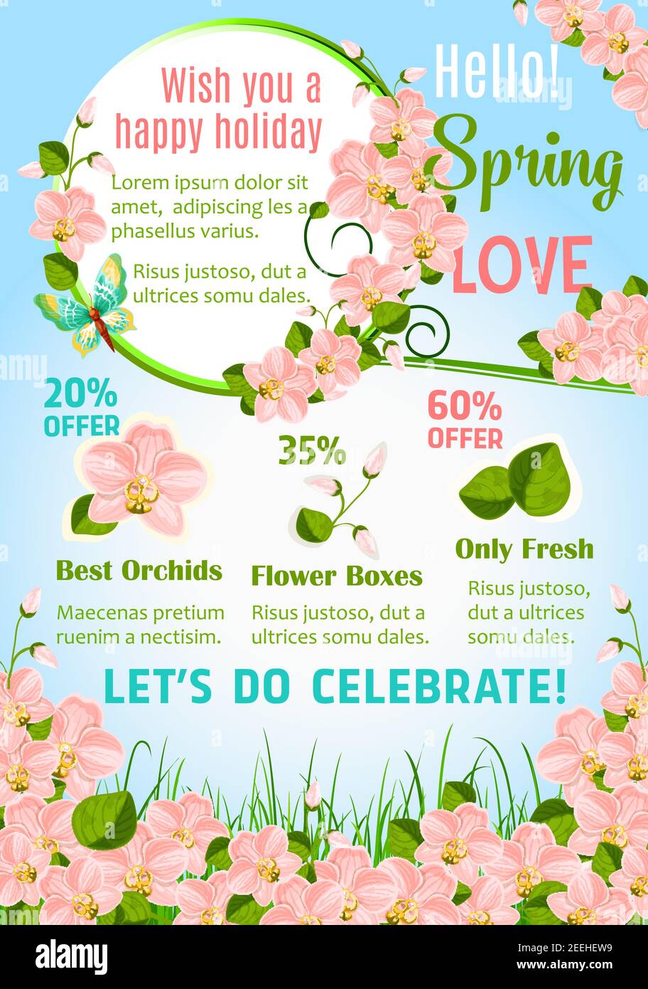 Hello spring floral poster template. Orchid flowers frame with wishes ...