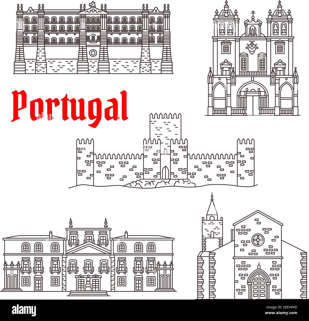 Portugal landmarks and Portuguese famous architecture buildings. Vector ...