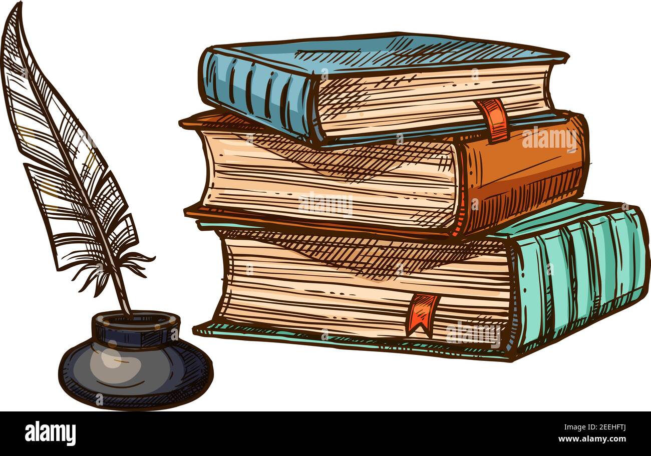 Old books stack and feather quill pen in inkwell. Vector isolated ...