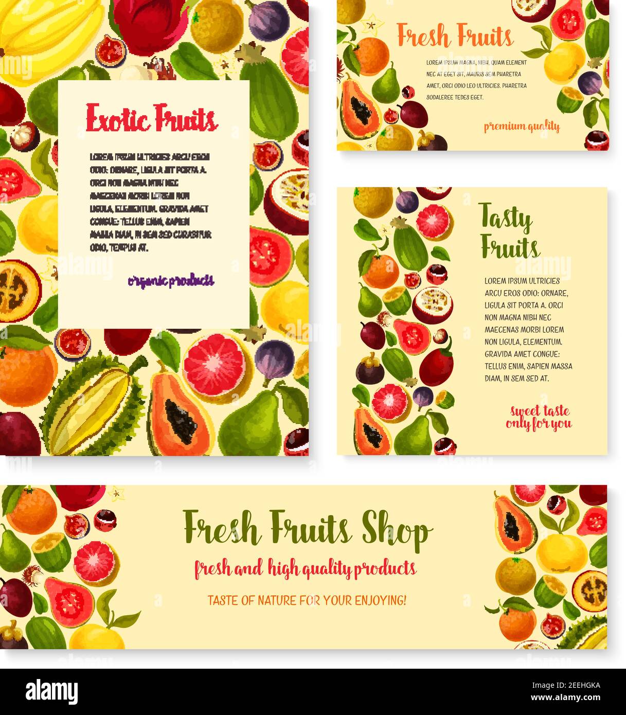 Fresh fruits banners and posters templates set for fruit shop. Vector ...
