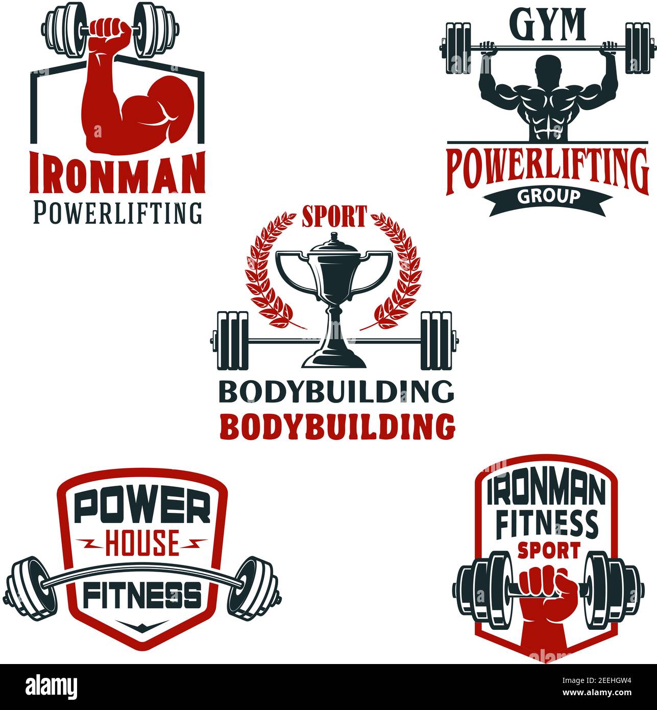 Gym or bodybuilding and powerlifting sport club icons set. Vector ...