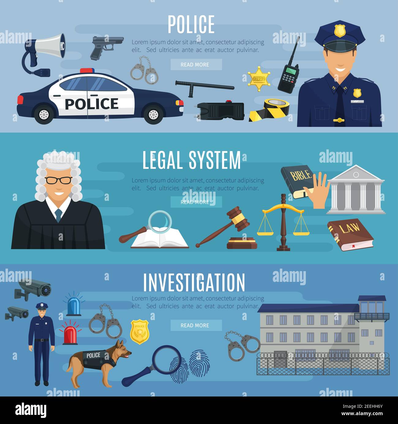 Police, legal system and investigation banners set. Vector design of ...