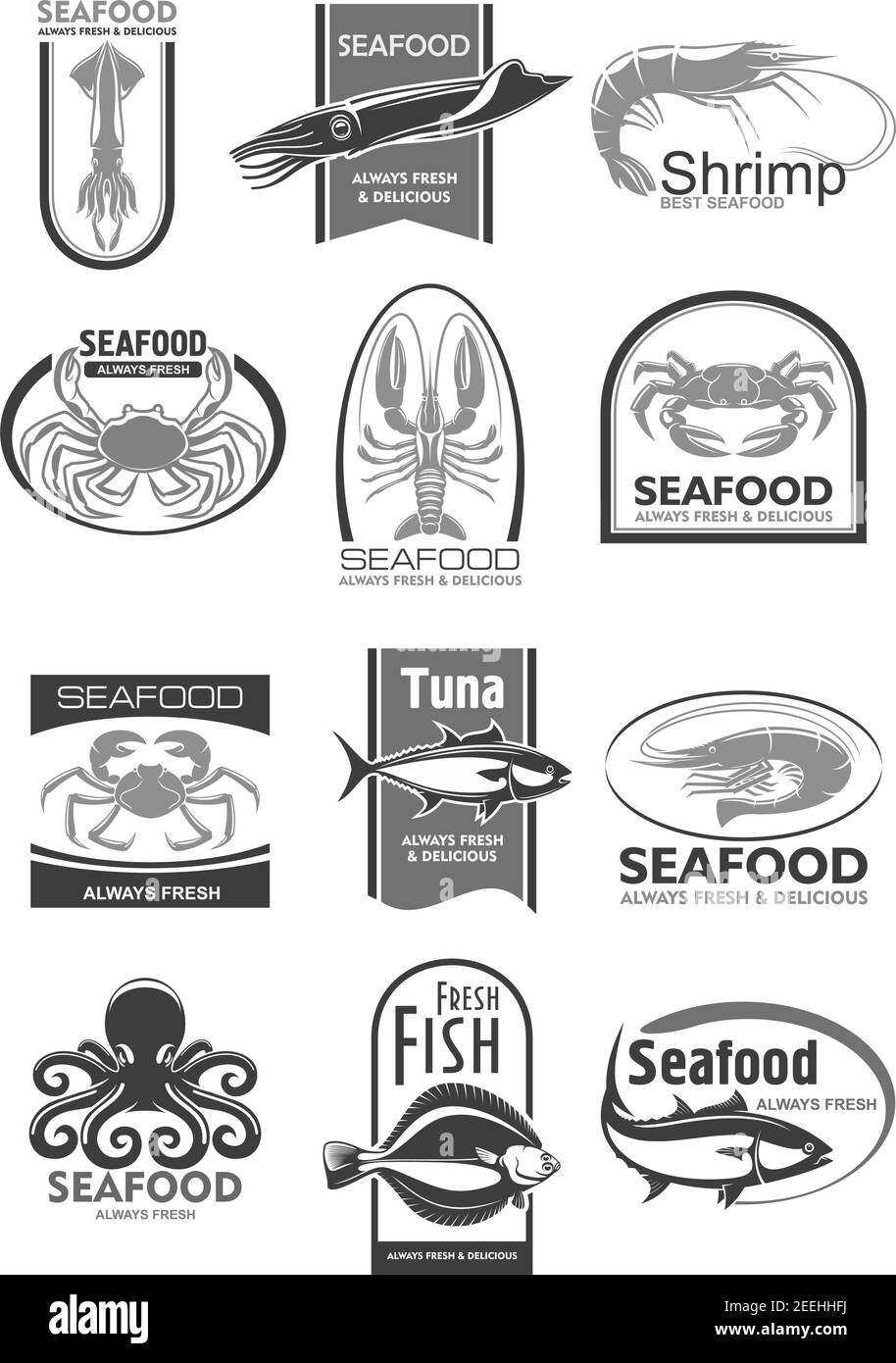 Seafood products icons set fro sea food or fish market an shop. Vector ...