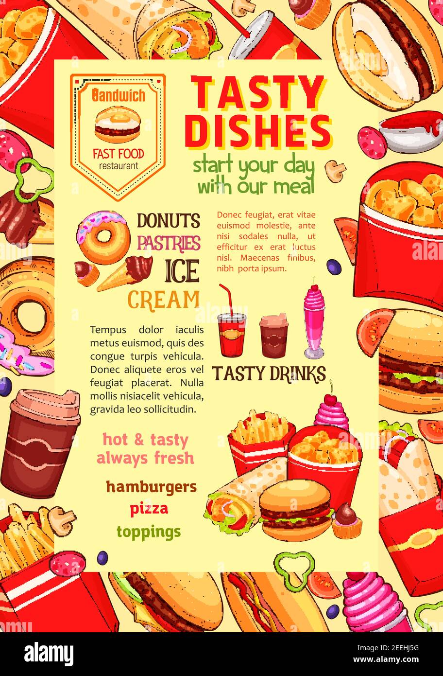Fast food poster of daily meals and fastfood dishes. Vector sandwich ...