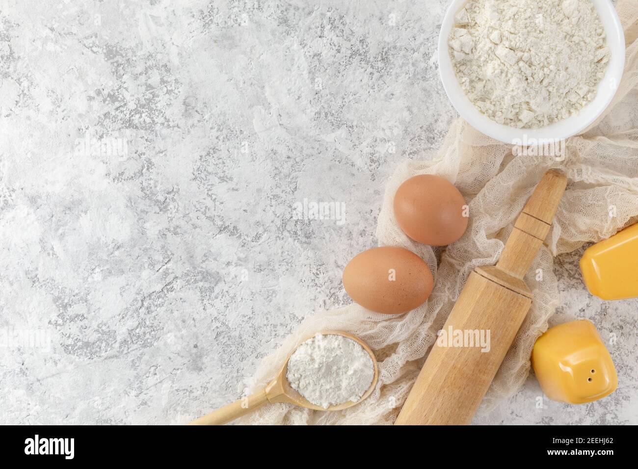 Set of kitchen utensils with products on white background. Cooking ...
