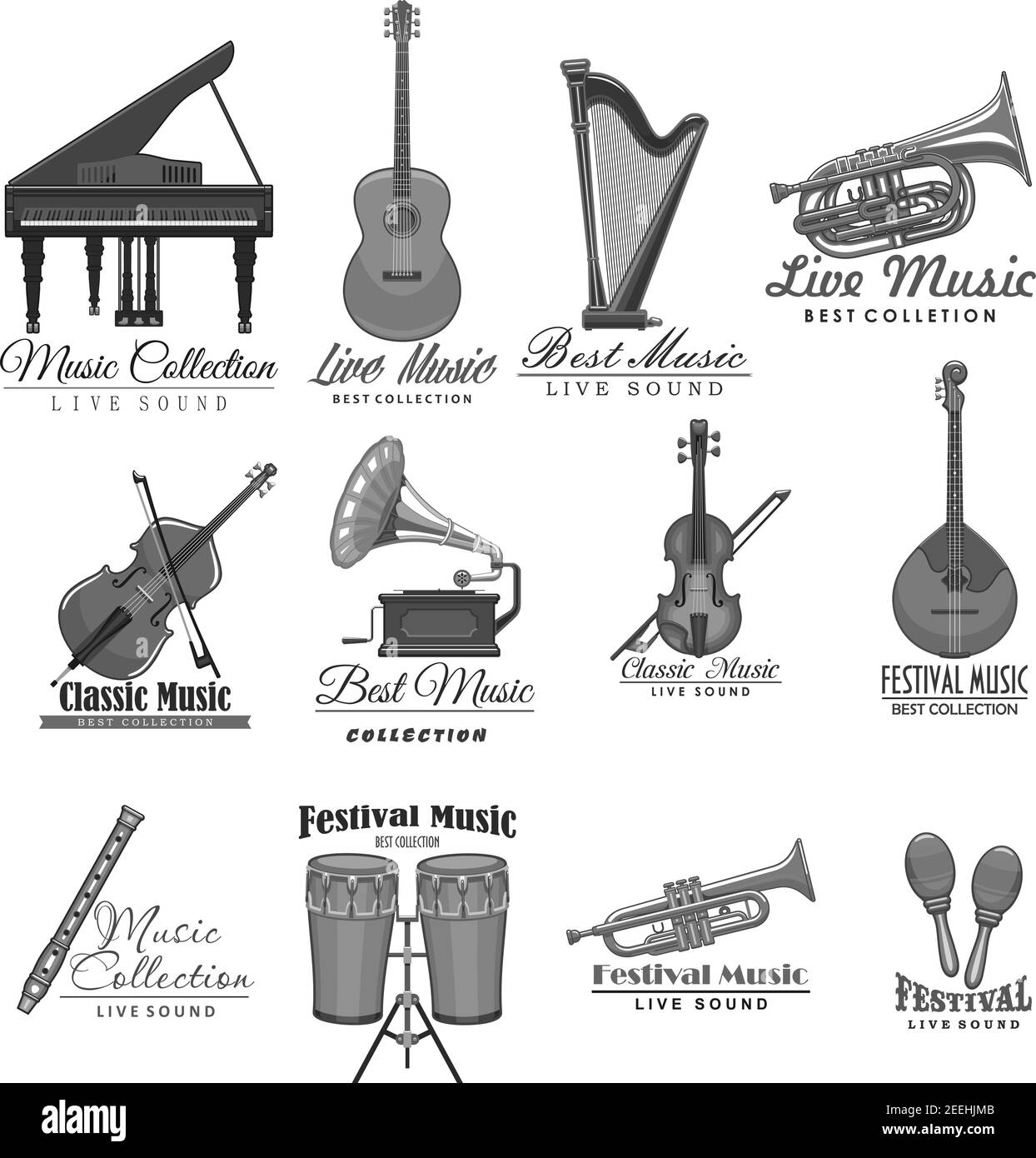 Music concert or live festival icons set of musical instruments. Vector ...