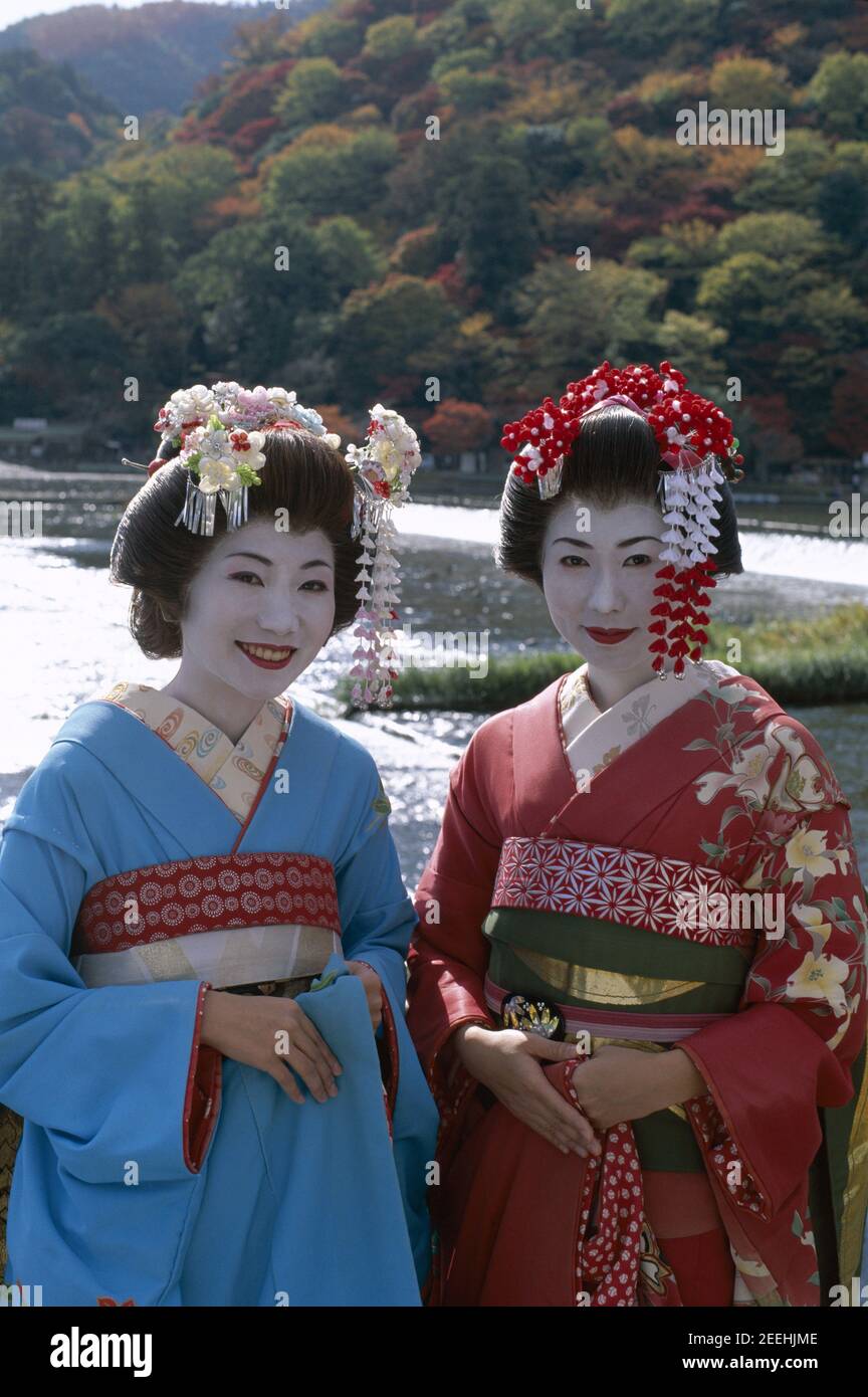 Japan, Honshu, Kyoto, Arashiyama, Two Girls Dressed as Geisha Wearing ...