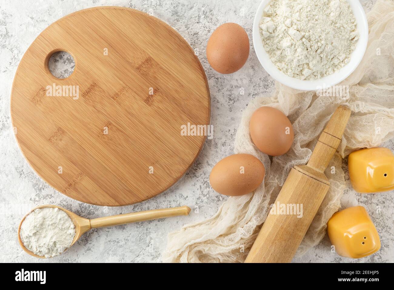 Set of kitchen utensils with products on white background. Cooking ...