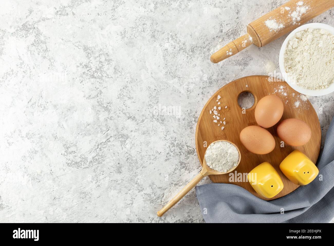 Set of kitchen utensils with products on white background. Cooking ...