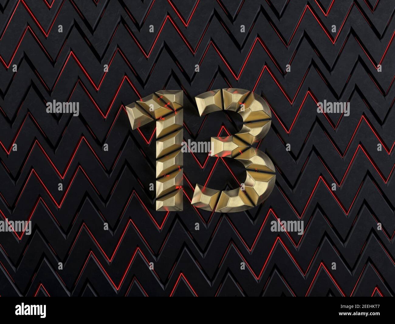 Number thirteen (number 13) made from gold bars on dark background with ...