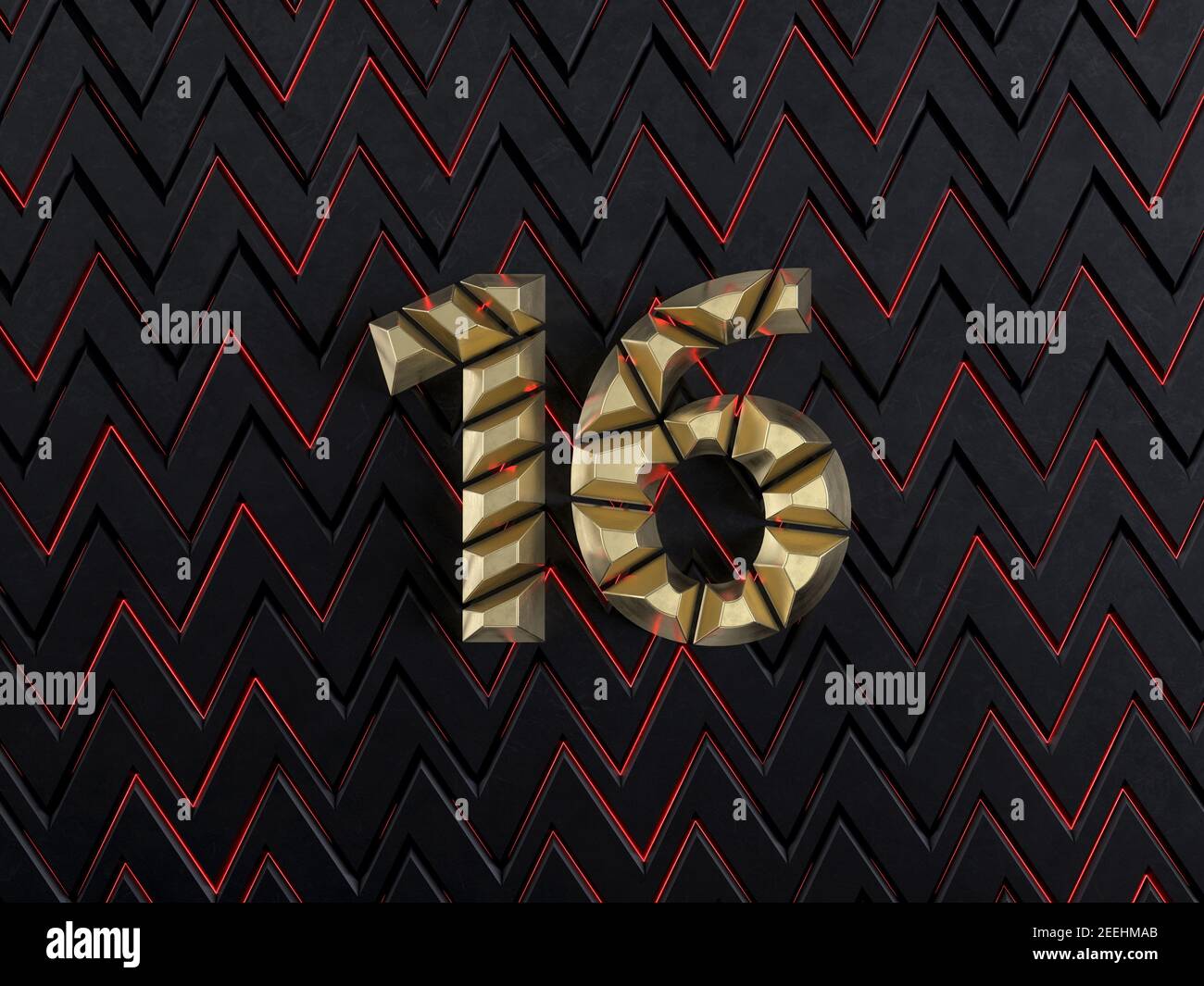 Number sixteen (number 16) made from gold bars on dark background with ...