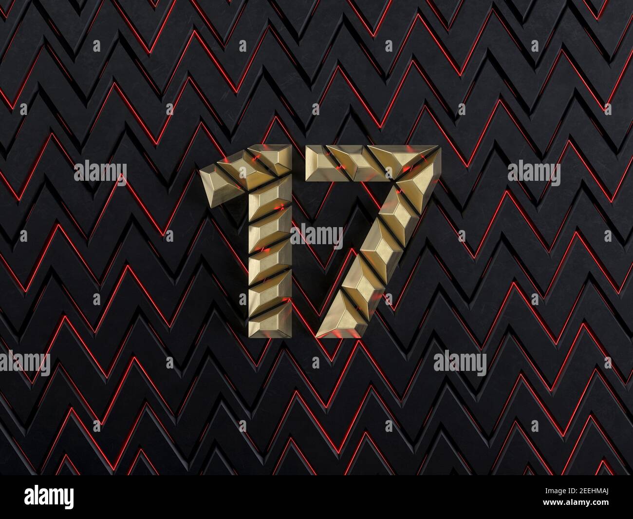 Number seventeen (number 17) made from gold bars on dark background ...