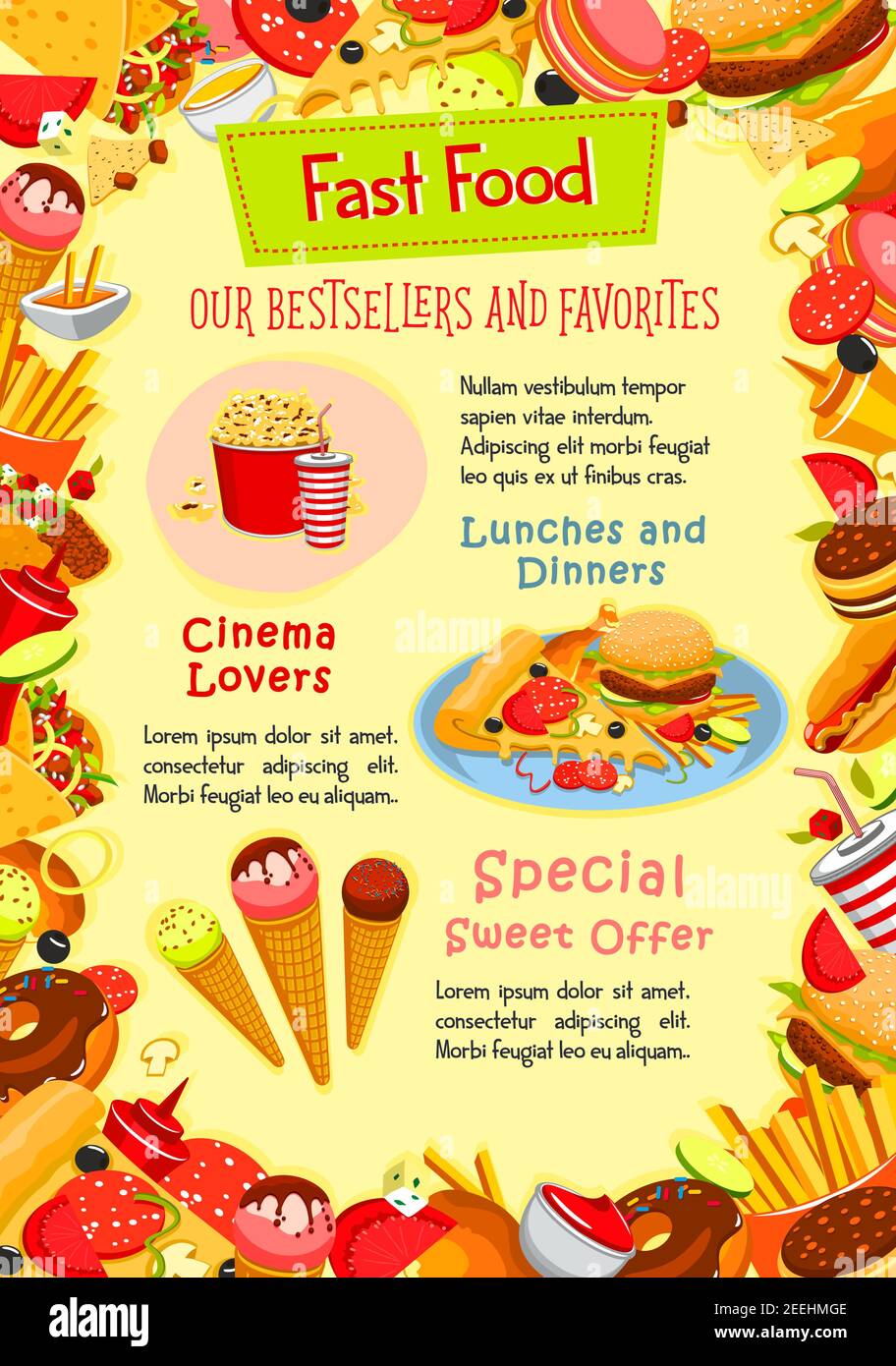 Fast food poster with fastfood snacks and drinks for restaurant or ...