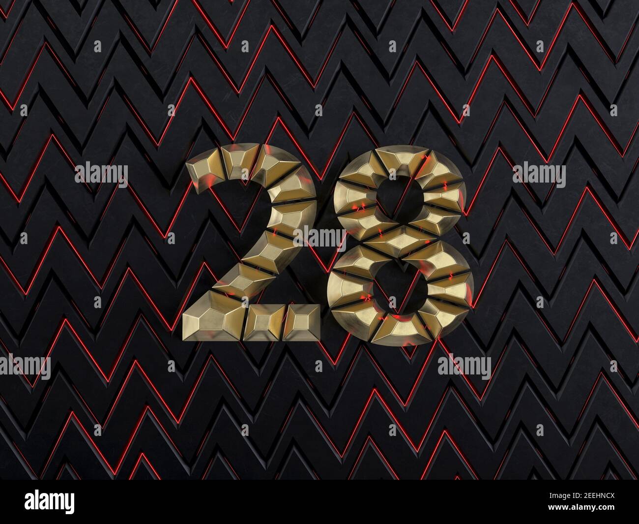 Number twenty-eight (number 28) made from gold bars on dark background ...